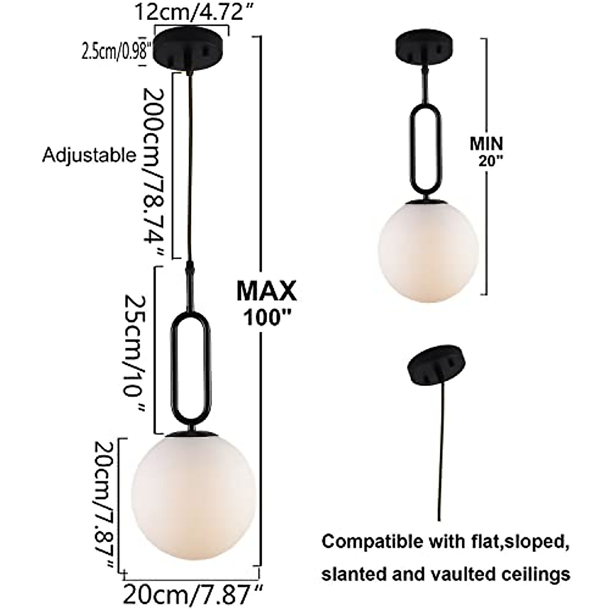 BAODEN Large Globe Pendant Light Set of 2 Modern Black Orb Chandelier with White Ball Glass Lampshade Industrial Ceiling Lamp Adjustable Hanging Lighting Fixture for Kitchen Island Dining Bedroom