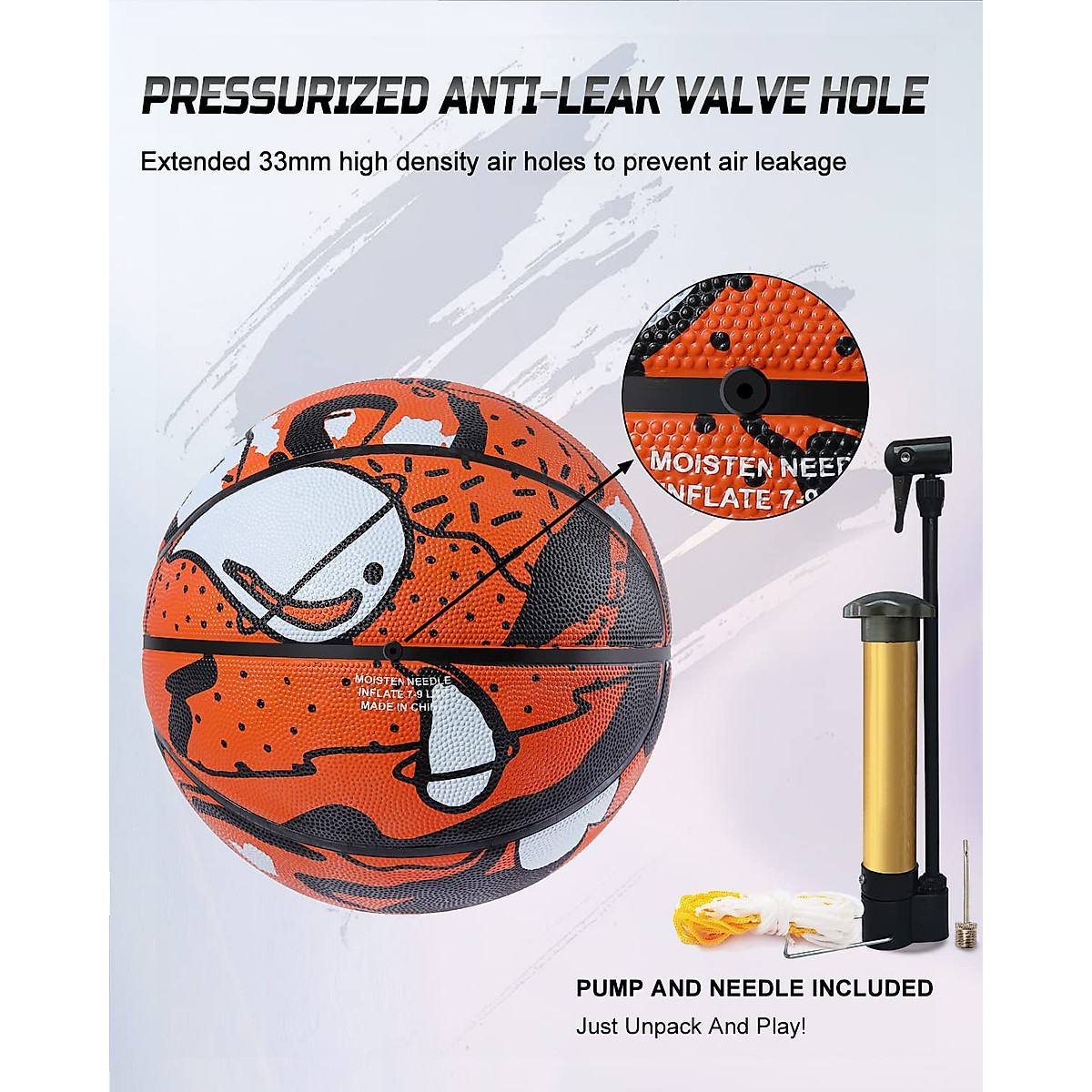 SQUAD Graffiti Basketball Size 7 (29.5"), Durable Rubber Basketball Ball for Indoor & Outdoor Play, includes Pump & Mesh Bag