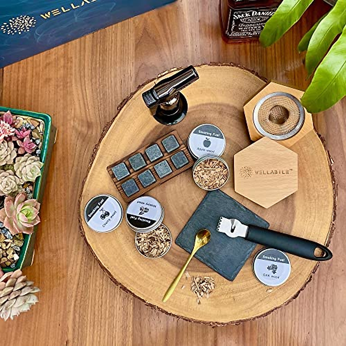 WELLABILE Cocktail Smoker Kit with Torch, Four Kinds of Wood Chips for Bourbon, Whiskey, Drink. Valentines or Birthday Gift Set for Your Friends, Husband, Dad. Old Fashioned Smoker Kit. (No Butane)