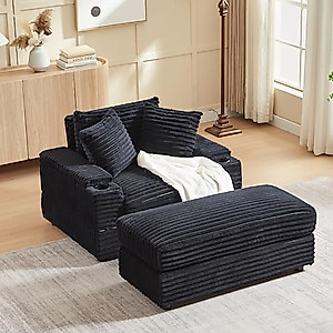 Verfur Oversized Chaise Lounges Indoor - 43.3" Deep Seat Sectional Sofa Corner Couch with Movable Ottoman, Storage Armrest & Cupholders- Plush Corduroy Upholstered Lounge Chair for Living Room Office