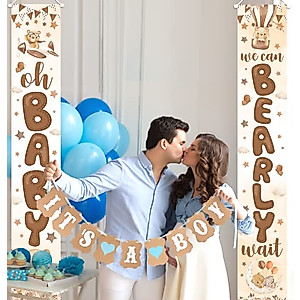 Bear Baby Shower Party Decoration-2 Pices We Can Bearly Wait Porch Sign Banner,Gender Reveal Banner Porch Sign for Welcome Baby Party,Gender Neutral Bear Photo Props Supplies Indoor Outdoor