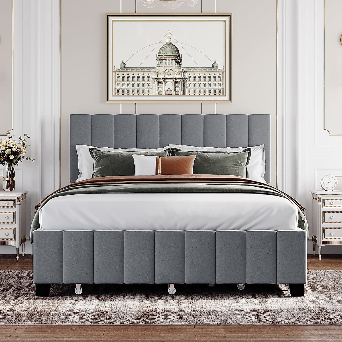 Harper & Bright Designs Queen Size Upholstered Bed with 1 Twin XL Trundle and 2 Storage Drawers, Velvet Platform Bed Wood Frame, No Box Spring Needed (Gray)