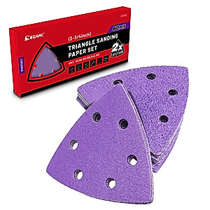 EZARC 60 PCS Zirconia Triangle Sanding Pads, 3-3/4 Inch Hook & Loop 60/80/120/180/ 240/320 Grit Multitool Sandpaper, Fits 3-1/2" and 3-3/4" Oscillating Tool Sanding Pad for Polish Sanding