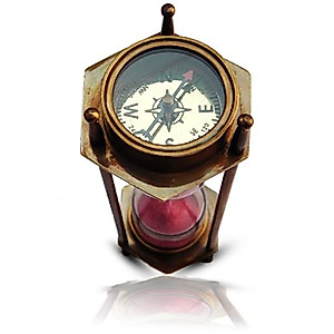 MERIDIAN NAUTICALS 6" Hand Made Solid Brass Decorative Sand Timer 3 min Hour Glass with Fully Functional Compasses