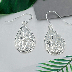 Teardrop Earrings for Women - Sterling Silver Dangle Filigree Earrings for Women – Hook Earrings - Trendy Fashion Earrings