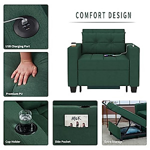 DURASPACE 39 Inch Sleeper Chair 3-in-1 Convertible Chair Bed Pull Out Sleeper Chair Beds Adjustable Single Armchair Sofa Bed with USB Ports, Side Pocket, Cup Holder (Forest Green Linen)