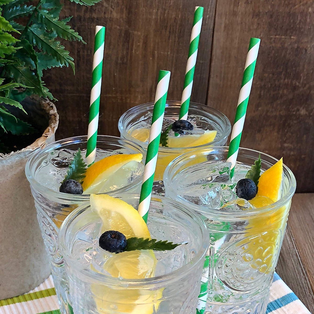 Green Striped Paper Straws - Green White Stripe - Christmas St Patrick's Birthday Supply - 7.75 Inches - 50 Pack