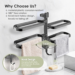 Pysrych No Drill Swivel Towel Rack Wall Mounted 4-Arm Towel Bar ABS Self-Adhesive Towel Holder with Hook for Bathroom Shower Kitchen Black