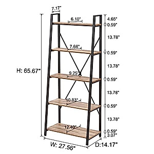 BON AUGURE Rustic Ladder Bookshelf Bookcase, Industrial 5 Tier Ladder Shelf Shelving Unit, Wood and Metal Leaning Shelves for Living Room (Vintage Oak)