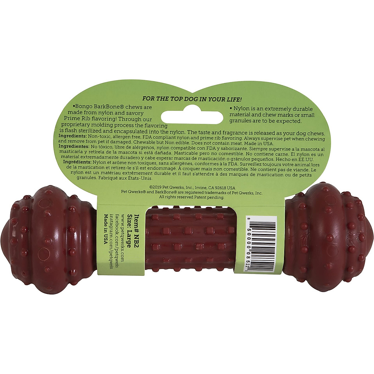 Pet Qwerks Bongo BarkBone - Nylon Dog Bone for Aggressive Chewers - Prime Rib Flavor - Large