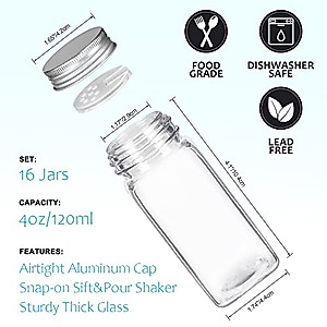AuroTrends Spice Jars with Label 4oz 16Pcs, 4oz Spice Containers Complete Set, Square Glass Spice Jars with Shaker Lids- Seasoning Jars| Preprinted Labels & Blank Labels| Chalk Marker| Brush| Funnel