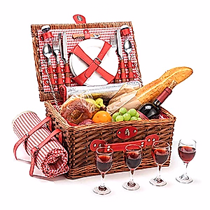 Wicker Picnic Basket Set for 4 Persons with Large Insulated Cooler Bag and Waterproof Picnic Blanket, Willow Picnic Hamper for Family, Outdoor, Camping, Party(Red)