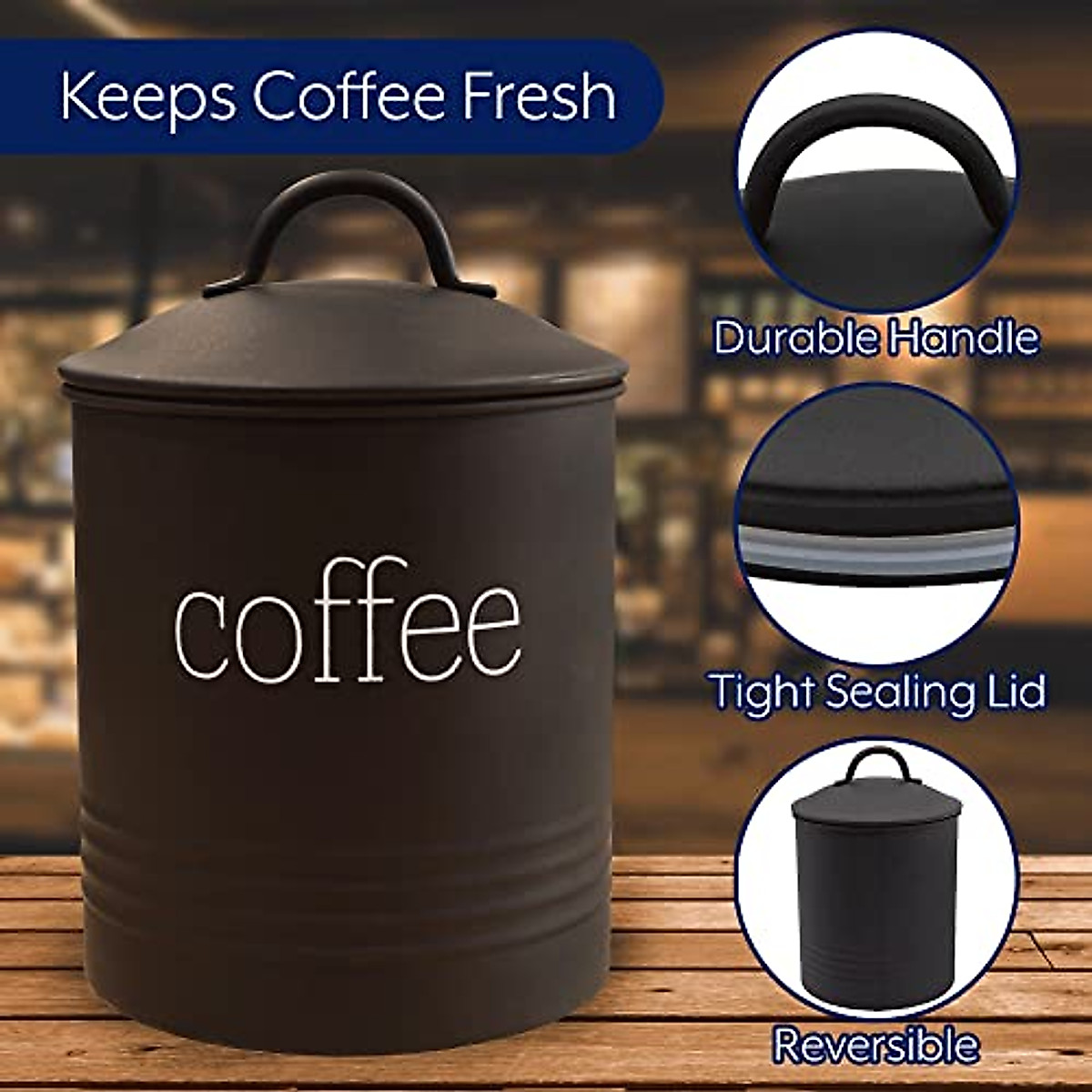 AuldHome Enamelware Black Coffee Canister; Modern Farmhouse Style Coffee Storage for Kitchen