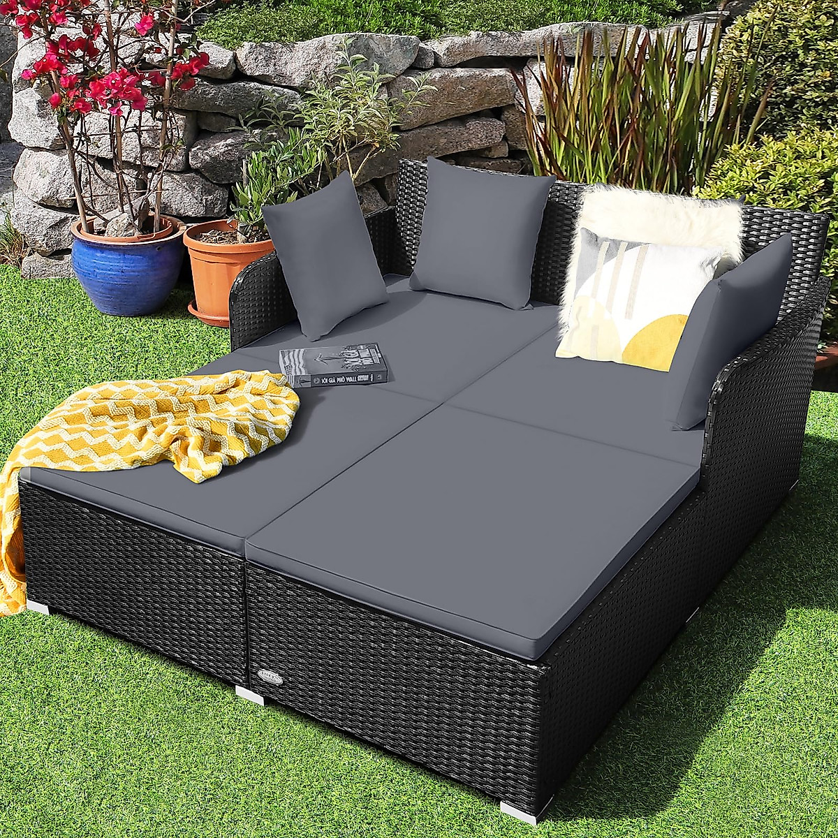 Tangkula Patio Rattan Daybed, Patiojoy Outdoor Sunbed with Spacious Seat, Upholstered Cushion & High-Resilience Sponge, Wicker Patio Sofa Set with Extra Pillows for Poolside, Porch, Backyard (Grey)