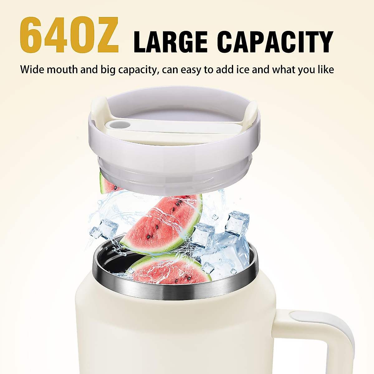 PlanetFlame 64oz Insulated Tumbler with Handle, Stainless Steel Double Wall Vacuumn Water Bottle, Lid and Straw for School, Gym, Hiking & Camping, Cream