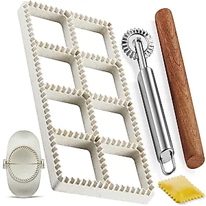 MUMSUNG Ravioli Maker Press, Ravioli Press Mold Set - 1.85" Squares Ravioli Stamp Maker Cutter with Wood Rolling Pin, 2.6" Empanada Maker Press Kit and Ravioli Wheel, Makes 8 Ravioli