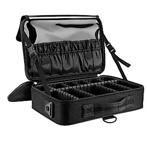 MoKo Travel Cosmetic Bags, Professional Nylon Cosmetic Makeup Case Bag Box Organizer with Handle & Adjustable Dividers Compartments for Cosmetics Makeup Brushes Tools Skincare Products – Black