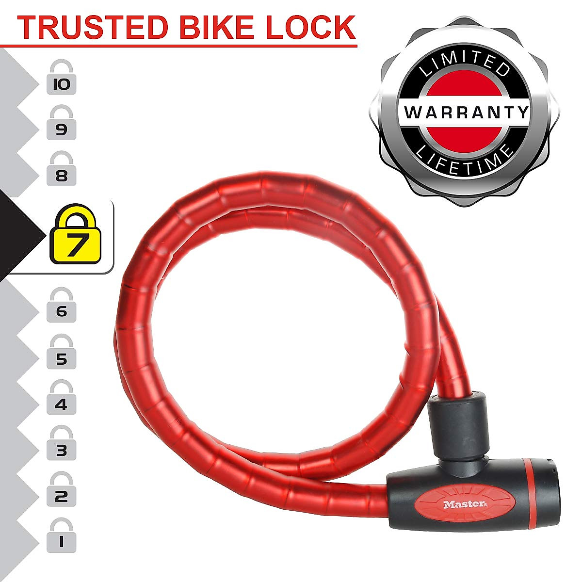 MASTER LOCK Bike Cable Lock [Key] [1 m Cable] [Outdoor] 8228EURDPRO - Ideal for Bike, Electric Bike, Skateboards, Strollers, Lawnmowers and other Outdoor Equipments