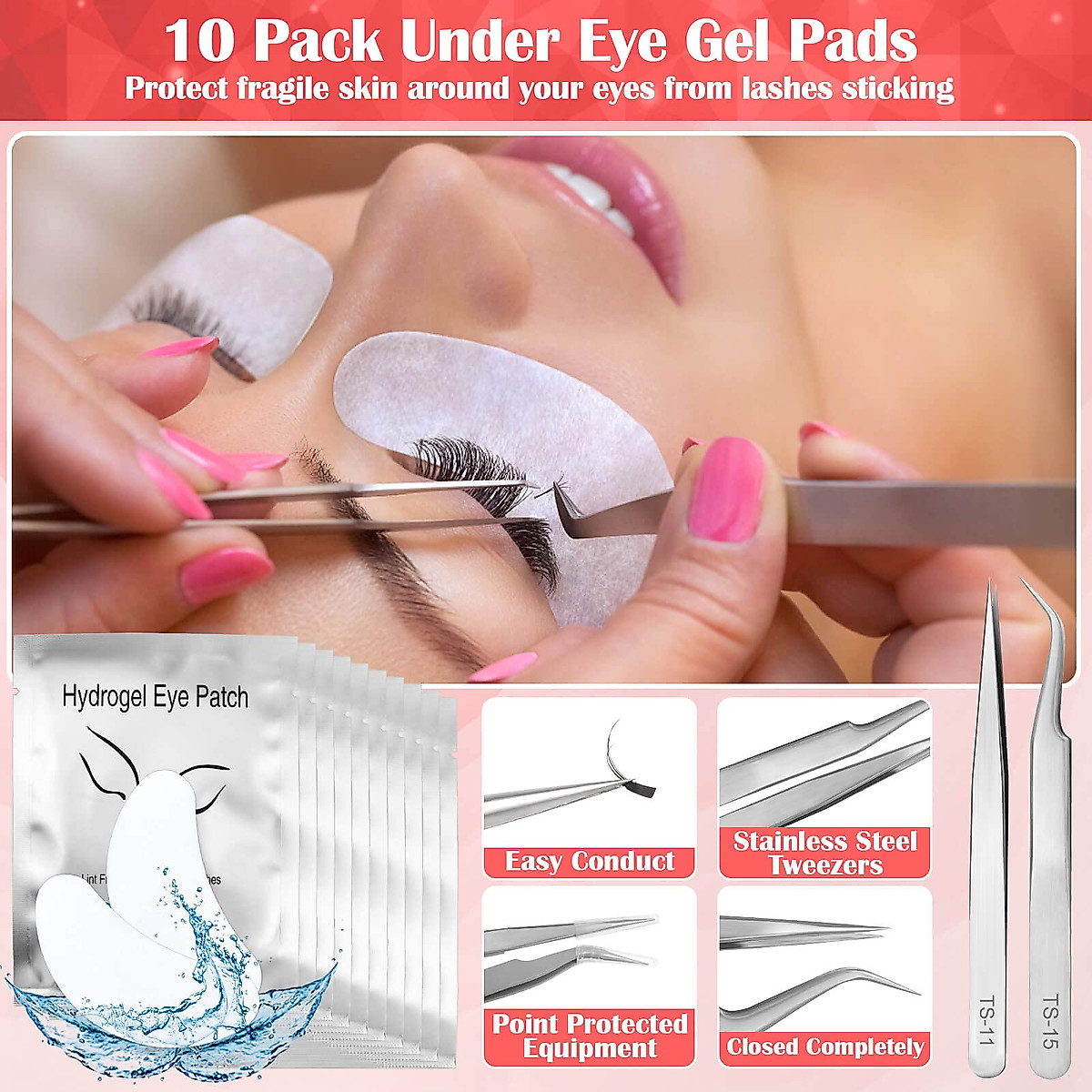 Cludoo Professional Eyelash Extension Supplies Kit with Lash Clusters Lash Kit for Eyelash Extensions Beginners with Lash Fan, Tweezers, Tapes, Mascara Brushes,Lash Extension Kit for Beginners Starter