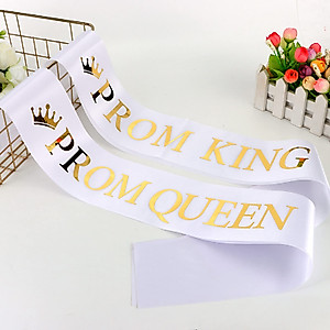 BAHABY Prom King and Prom Queen Satin Sash - Graduation Party School Party Accessories Bachelorette Party Wedding Bridal Shower Party Favors, White with Gold Print