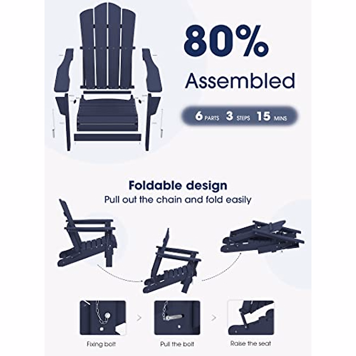 KINGYES Folding Adirondack Chair, HDPE All-Weather Adirondack Chair, Navy