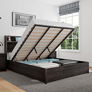 LUXOAK King Size Lift Up Storage Bed, Wood Platform Bed Frame with Storage Headboard & Charging Station, No Box Spring Needed, Easy Assembly, Black