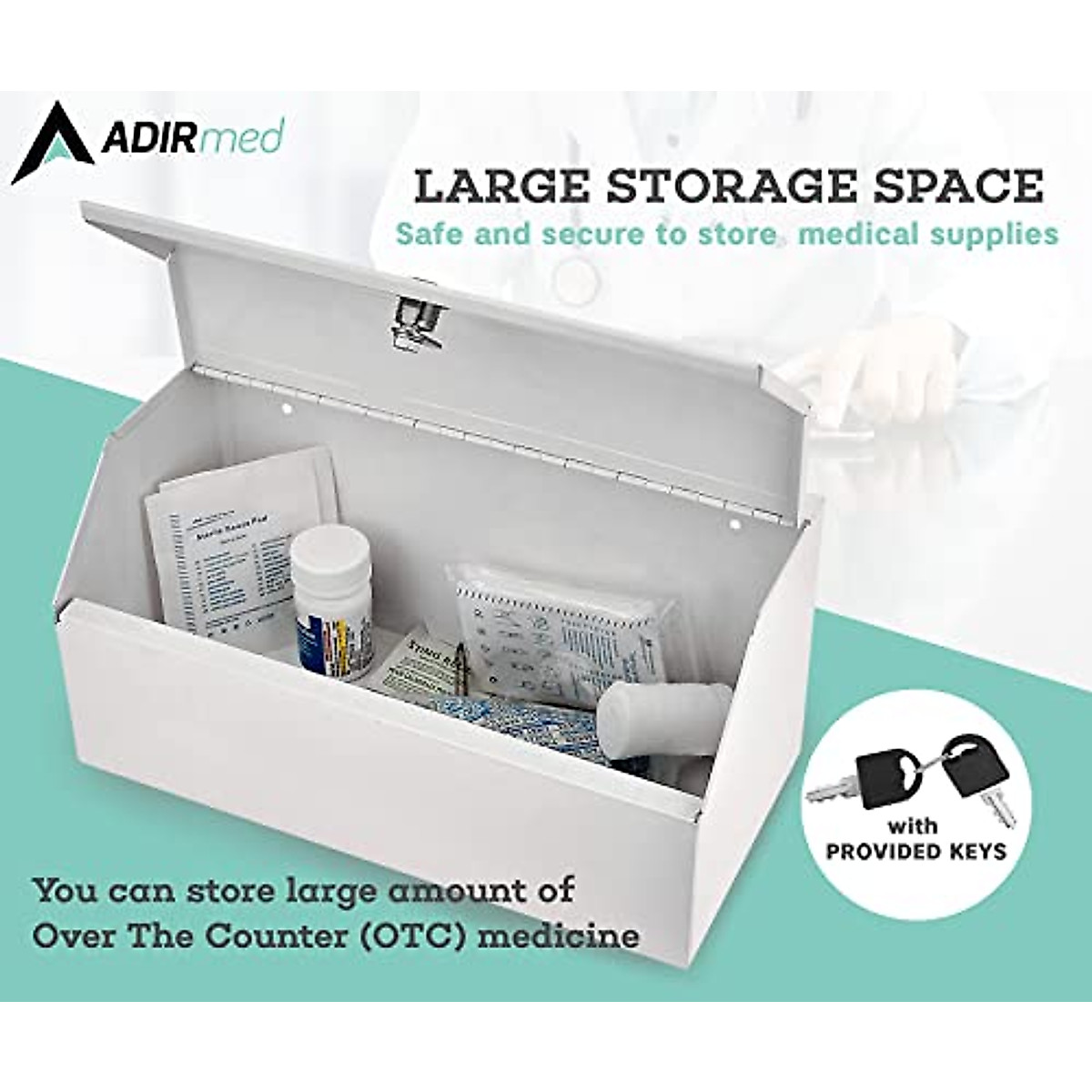 AdirMed Medicine Lock Box for Medication Lock Box with Key - Wall Mounted Locking First Aid Medicine Cabinet, Secured Prescription Storage for Peace of Mind Around Kids at Home, School (Steel White)