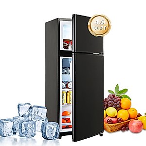 Iorbur FLS-90-BLACK 4.0Cu.Ft Compact, Small Refrigerator with Freezer, Retro Fridge with Dual Door, 7 Level Adjustable Thermostat for Garage, Dorm,Bedroom, Office, Black