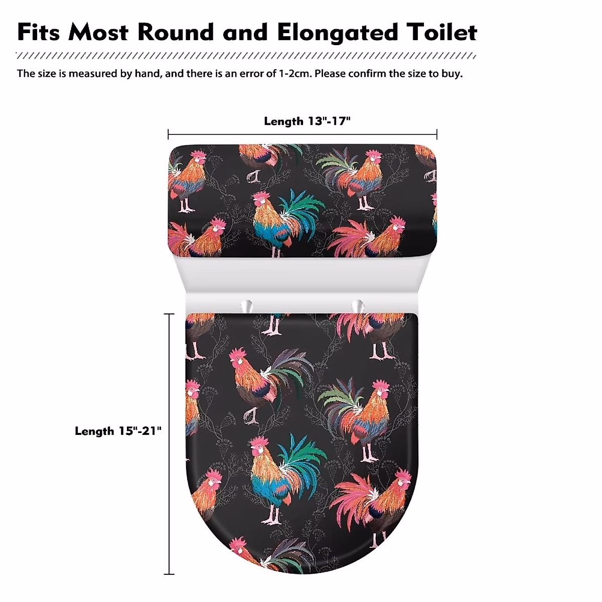Tomeusey Toilet Lid Cover Set of 2 Pack,Rooster Print Durable Toilet Lid Seat Cover with Elastic Edges,for Home Toilet Tank Lid Cover,Easy to Install