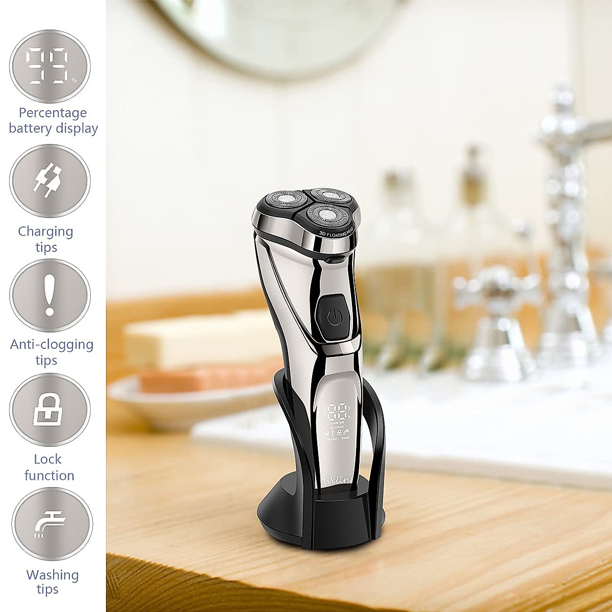 WELIRY Electric Razor for Men Electric Shaver Mens for Shaving with Pop-up Trimmer Electric Rotary Shavers for Men Wet & Dry Cordless Waterproof USB Rechargeable