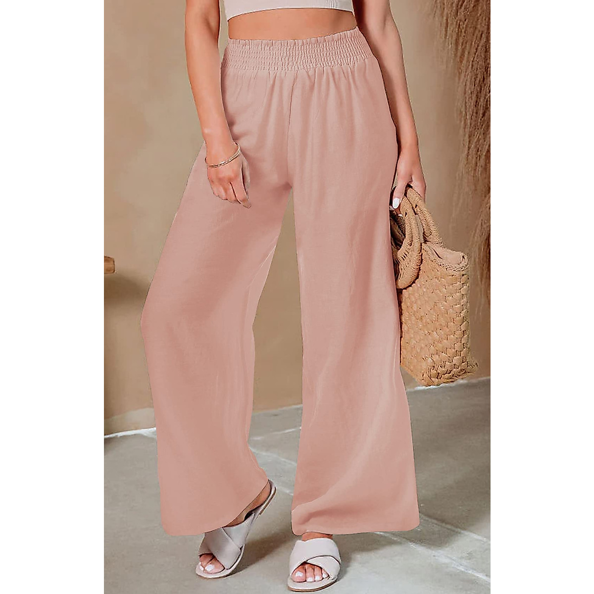 GIFTIME Beach Pants for Women - Smocked Lightweight Summer Flowy Pants for Women, Palazzo Pants for Women Dressy Casual, Wide Leg Pants for Women, High Waisted Pants for Women Latte XL