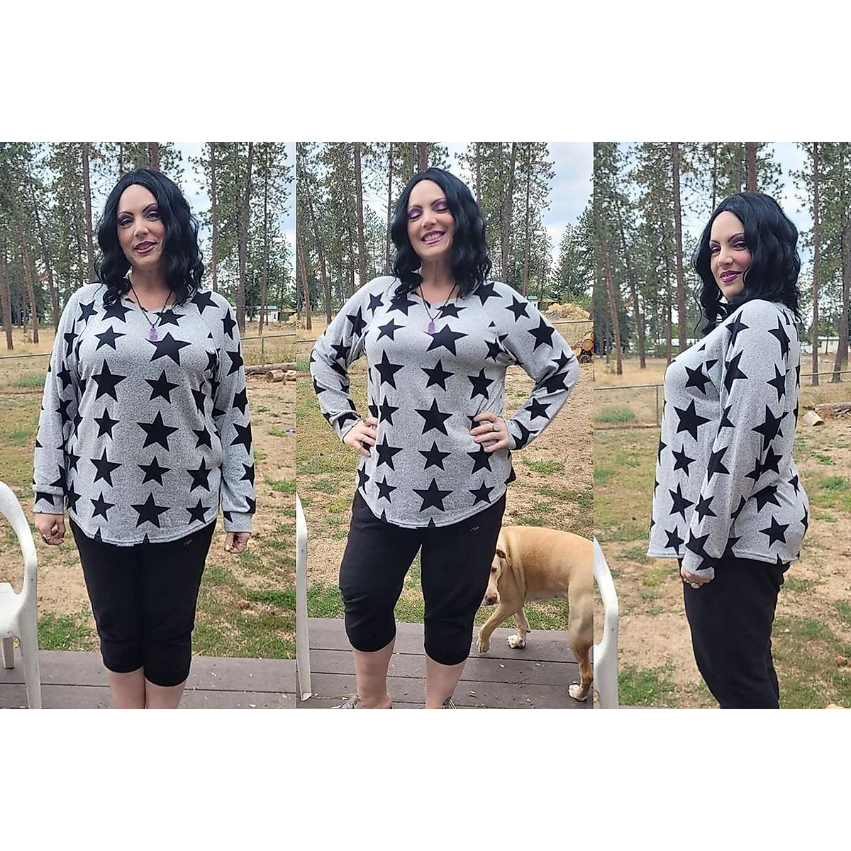 CARCOS Plus Size Tops for Women 3X Long Sleeve T Shirts V Neck Star Print Blouses Casual Grey Pullover Sweatshirts 3XL 22W 24W