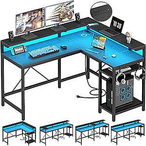 Loomie L Shaped Computer Desk, 83" Gaming Desk with LED Light & Power Outlets, Corner Desk with Full Monitor Stand & Adjustable Storage Shelves, Home Office Desk with 2 Hooks, 2 Person Desk, Black
