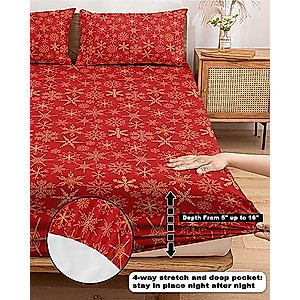 Full Size Fitted Sheet Bed Set Winter Christmas Gold Snowflake Deep Pocket Soft Bottom Sheets&Pillowcases for Bedroom Decor Seamless Snow on Red,Fits Mattress Up to 16" Deep