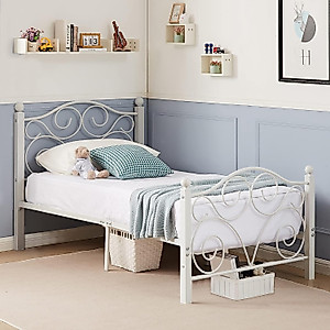 VECELO Twin Size Bed Frame with Headboard and Footboard, Heavy Duty Metal Slat Support, Platform Mattress Foundation, No Box Spring Needed, Easy Assembly, White