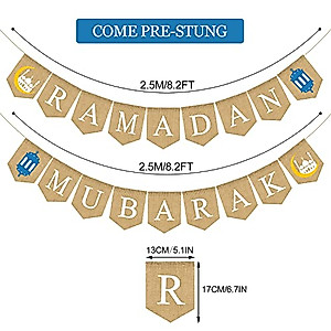 PTFNY Ramadan Mubarak Burlap Banner Muslim Ramadan Mubarak Bunting Banner Garland with Moon Castle Lantern Signs for Islamic Ramadan Eid Festival Celebration Mantle Fireplace Wall Party Decorations