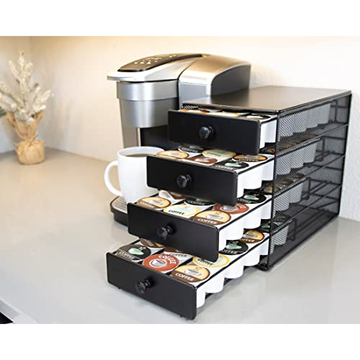 Nifty Coffee Pod Drawer – Black Satin Finish, Compatible with K-Cups, 72 Pod Pack Capacity Rack, 4-Tier Holder, Super-Sized Storage, Stylish Home or Office Kitchen Counter Organizer
