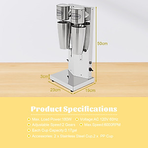 VPABES Electric Milkshake Maker, Commercial Stainless Steel Milk Shake Machine Drink Mixer Adjustable Speed Malt Maker Machine Smoothie Milk Foam Tea Mixer Blender + Cups (2 Head)