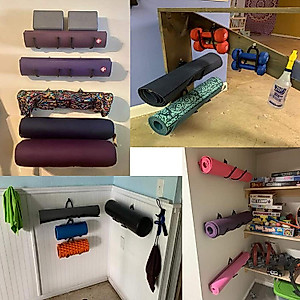 Wall Mount Yoga Mat Foam Roller and Towel Rack Hooks , Exercise Mat Storage Shelf for Hanging Yoga Strap and Resistance Bands at Your Fitness Class or Home Gym, Adjustable Size,Up to 20Lbs - （2 Pack）