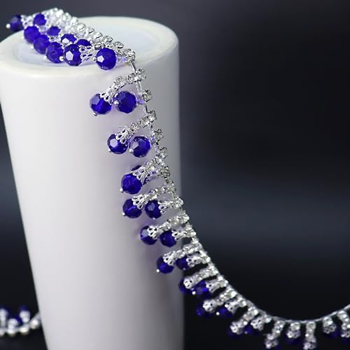 Silver Crystal Glass Beads Rhinestone Tassel Drill Chain 1 Yard Handmade Sewing Clothes Neckline Shoes Bags Jewelry Wedding Dress DIY Clothing Accessories Accessories (Dark Blue)