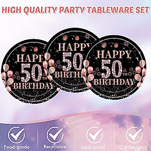 Black Rose Gold Birthday Party Supplies,Disposable Party Tableware Sets - 50 Years Paper Plates,Napkins,Plastic Forks Knives,Tablecloths,50th Birthday Decorations for Men,24 Guests