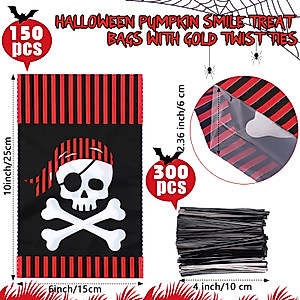 Outus 150 Pcs Halloween Cellophane Treat Bags Halloween Cellophane Bag Block Bottom Halloween Candy Bags with 300 Pcs Twist Ties for Snacks Cookies Halloween Party Favor Supplies (Skeleton)