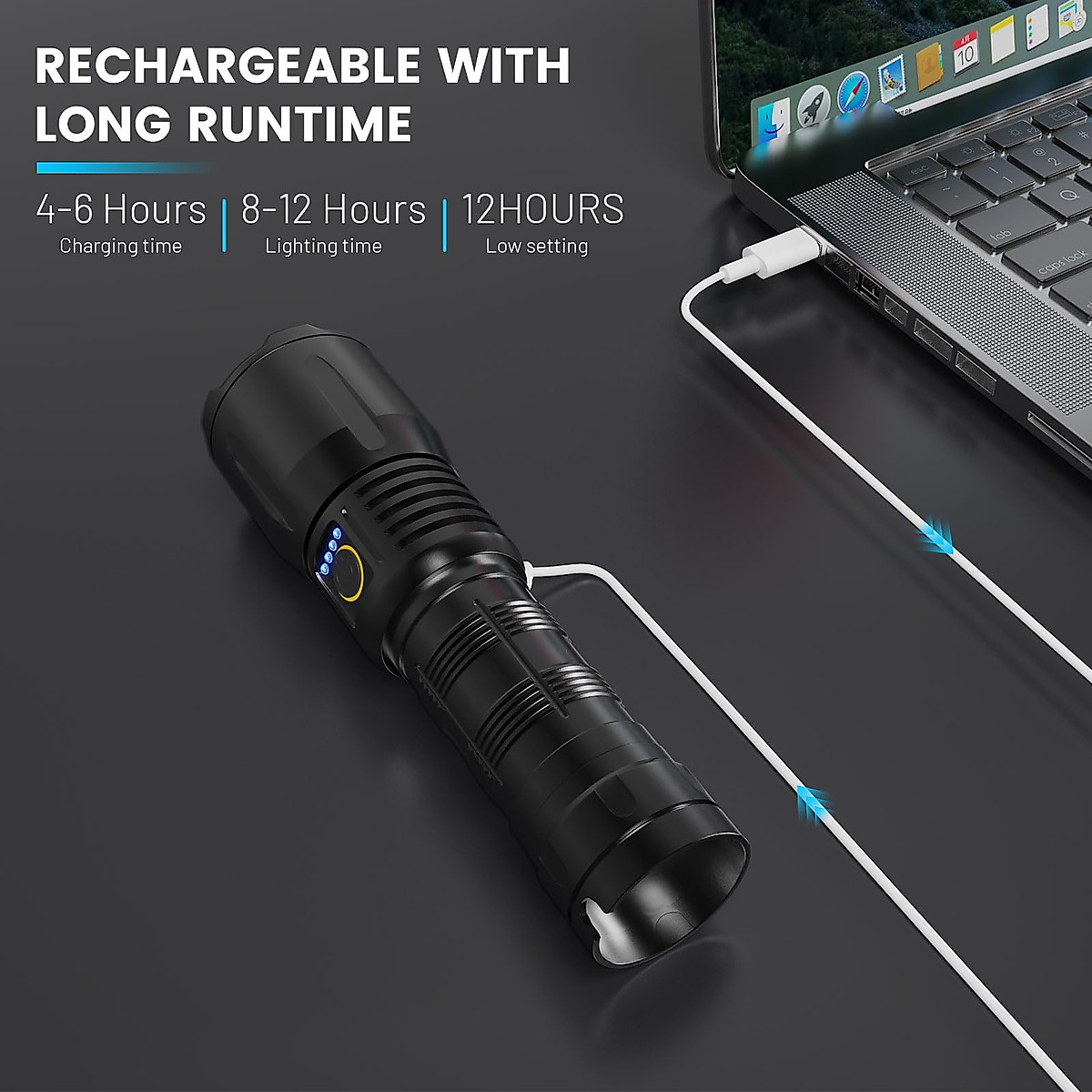 SKNSL Flashlights High Lumens Rechargeable - 900,000 Lumen High Power Flashlight, 5 Modes with Long Runtime, IPX6 Waterproof, High Powered Flash Light for Camping, Outdoors