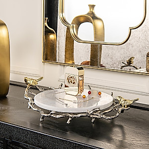 Vespa 17" Branch with Birds Decorative Round Marble Tray, White Marble