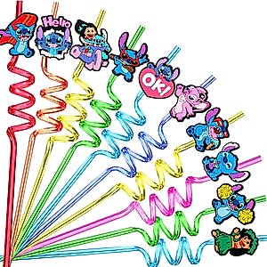 24Pcs Party Favors Reusable Drinking Straws, 12 Designs Cartoon Birthday Party Supplies with 2 Cleaning Brush