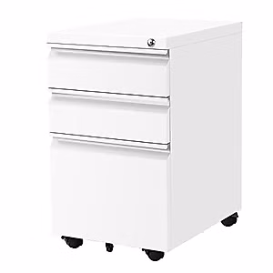Greenvelly White File Cabinet 3 Drawer on Wheels, Metal Locking Filing Cabinet with Lock, Under Desk Mobile File Cabinet with Hanging Frame and 2 Keys for Legal/Letter/A4 Size, Fully Assembled