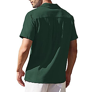 COOFANDY Men's Cuban Guayabera Shirt Linen Short Sleeve Button Down Summer Shirt A - Dark Green