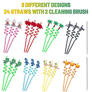 24Pcs Reusable Dinosaur Straws Birthday Decoration Party Favors, Safari Jungle Plastic Crazy Straws Dinosaur Party Supplies for Kids Boys Girls