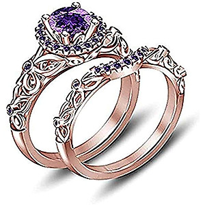 V Touch 14K Rose Gold Plated 925 Sterling Silver Round Cut Purple Amethyst Engagement Wedding Tinkerbell Ring Set for Women's (8)