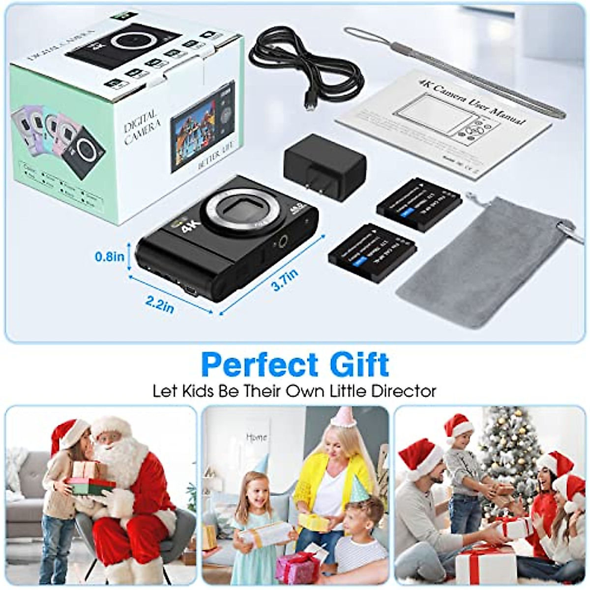 Digital Camera, Nsoela 4K FHD 48MP Kids Camera with 32 GB Card, Compact Point and Shoot Camera, 2.8" LCD Screen,16X Digital Zoom, Portable Mini Kids Camera for Teens,Students,Children (Black)